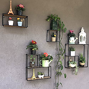 Allgala 4-PC Set Wall Mount Creativity Black Metal Frame Wood Finish Floating Shelves