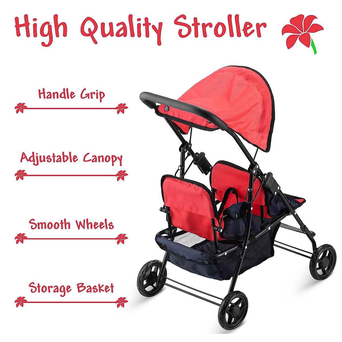 Hushlily® Tandem Double Doll Stroller with Adjustable Canopy & Basket, Foldable, with Smooth Rolling Wheels (Red & Blue)