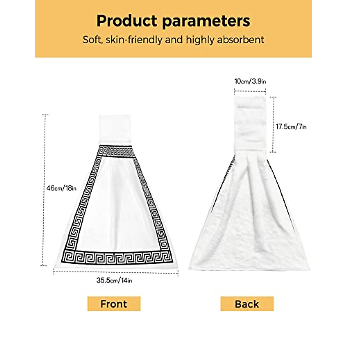 Ldtrchee Black Geometric Hand Towel with Hanging Loop, Modern Key Greek Design Abstract Art Hanging Tie Towels Set 2 Pcs, Kitchen Absorbent Towel for Bathroom Tea Bar Laundry