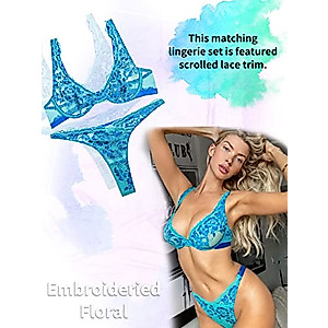 Dlsave Women's Sexy Exotic Lace 2 Piece Lingerie Set Sexy Floral Underwired Bra and Panty Sets Blue