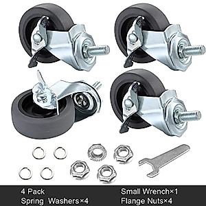 WHARSTM Caster Wheels, 3" Locking Swivel Casters Set of 4, 3/8"-16 x 1" (Screw Diameter 3/8 ", Screw Length 1") Casters, Rubber Casters with 360 Degree No Noise Castor Wheels, Stem Casters with Brake