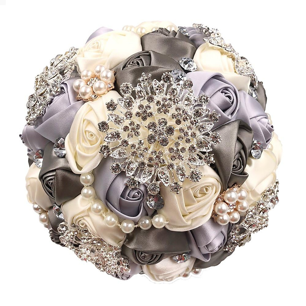 Abbie Home Advanced Customization Romantic Bride Wedding Holding Toss Bouquet Rose with Pearls and Rhinestone Decorative brooches Accessories- (Grey + Creamy White)