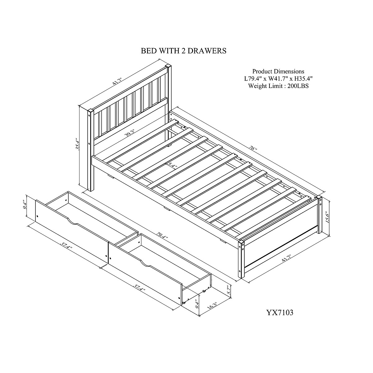 Harper & Bright Designs Twin Bed Frame with Storage Drawers,Wood Twin Beds with Drawers Underneath, Kids Twin Platform Bed with Headboard, No Box Spring Needed,White Washed