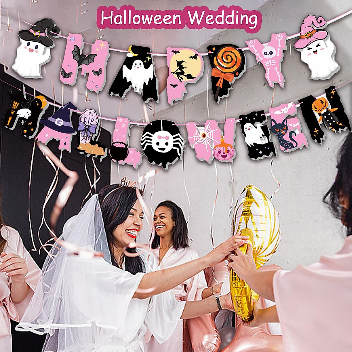 Pink Black Halloween Birthday Party Decorations Kit Happy Halloween Banner Castle Cake Topper Ghost Witch Bat Cupcake Toppers Skeleton Boos Ghost Balloons Kit for Halloween Baby Shower Party Decor