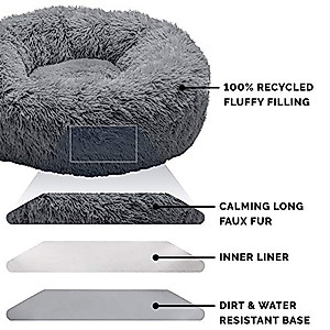 Furhaven 30" Round Calming Donut Dog Bed for Medium/Small Dogs, Refillable w/ Removable Washable Cover, For Dogs Up to 45 lbs - Shaggy Plush Long Faux Fur Donut Bed - Gray, Medium