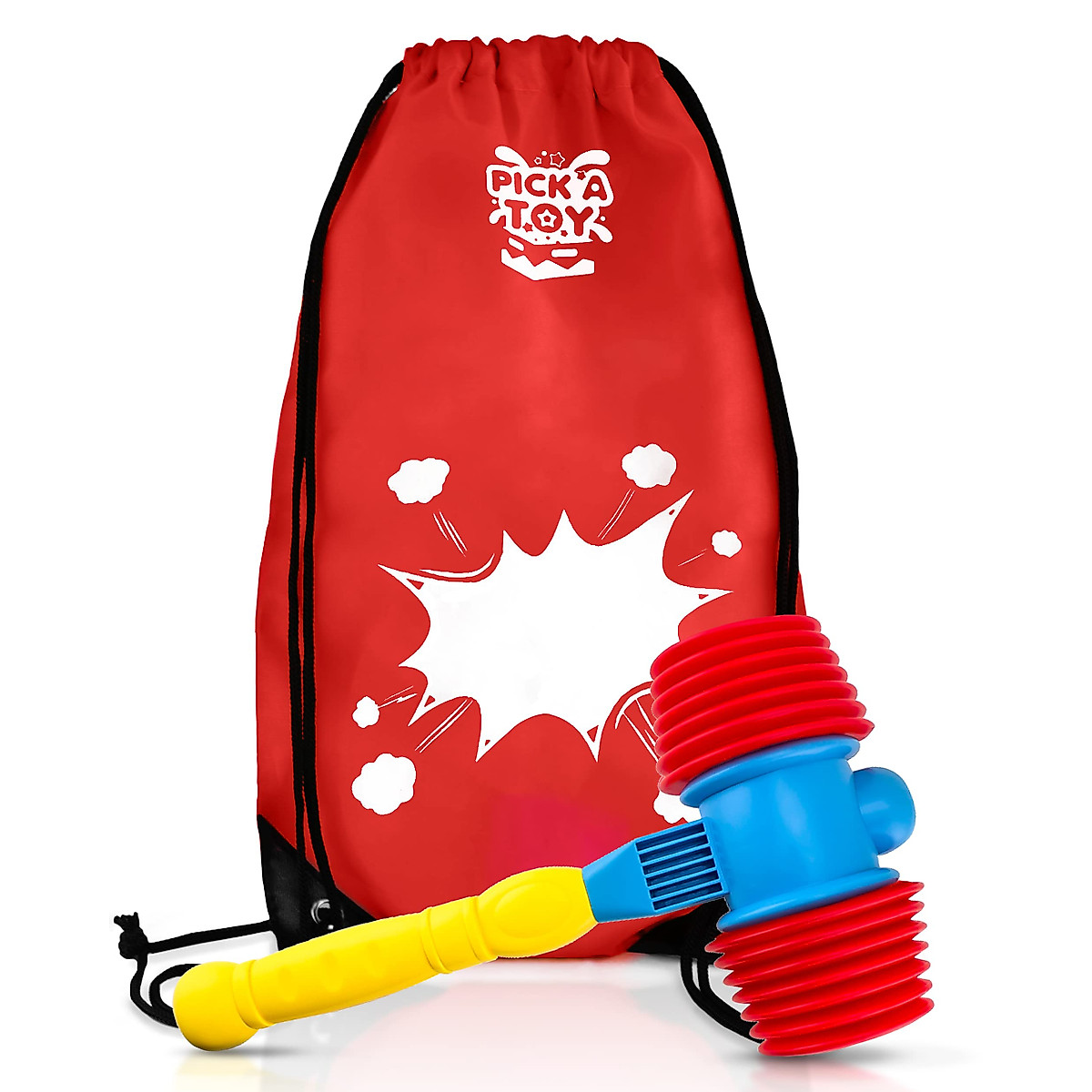 Squeaky Hammer Toy for Kids, 14” Long with Soft Plastic Mallet, Fun Birthday Party Favor for Carnival, Circus, and Whack a Mole Games, Interactive Pounding Action, Red Carry Bag