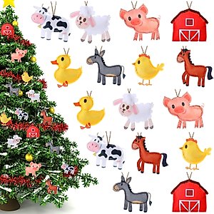 16 Pcs Farmhouse Christmas Ornaments Farm Animal Decorations Set Hanging Felt Animals Christmas Tree Ornaments Set Barn Donkey Horse Chicken Duck Pig Sheep Cow Christmas Decorations Animals Craft Kit