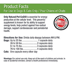 Only Natural Pet CoQ10 for Dogs & Cats, Heart and Cardiovascular Health Support, Coenzyme Q10 Ubiquinone - 90 Capsules