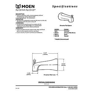 Moen 3801 Tub Spout with Diverter, 1/2-Inch Slip-fit CC Connection, Chrome