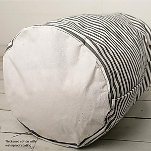 Deke Home Collapsible Laundry Basket Hamper. Round Striped Canvas Waterproof Large Storage bin Baskets. Storage Washing Clothes and Toys with Handles and drawnstring 13.3"x 18.5"