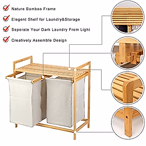 lesolar Bamboo Laundry Hamper and Shelf, 2 Sections Laundry Basket with Removable Liner and Sliding Handles, Dual Compartments Laundry Organizer and Storage for Bathroom Bedroom Living Room