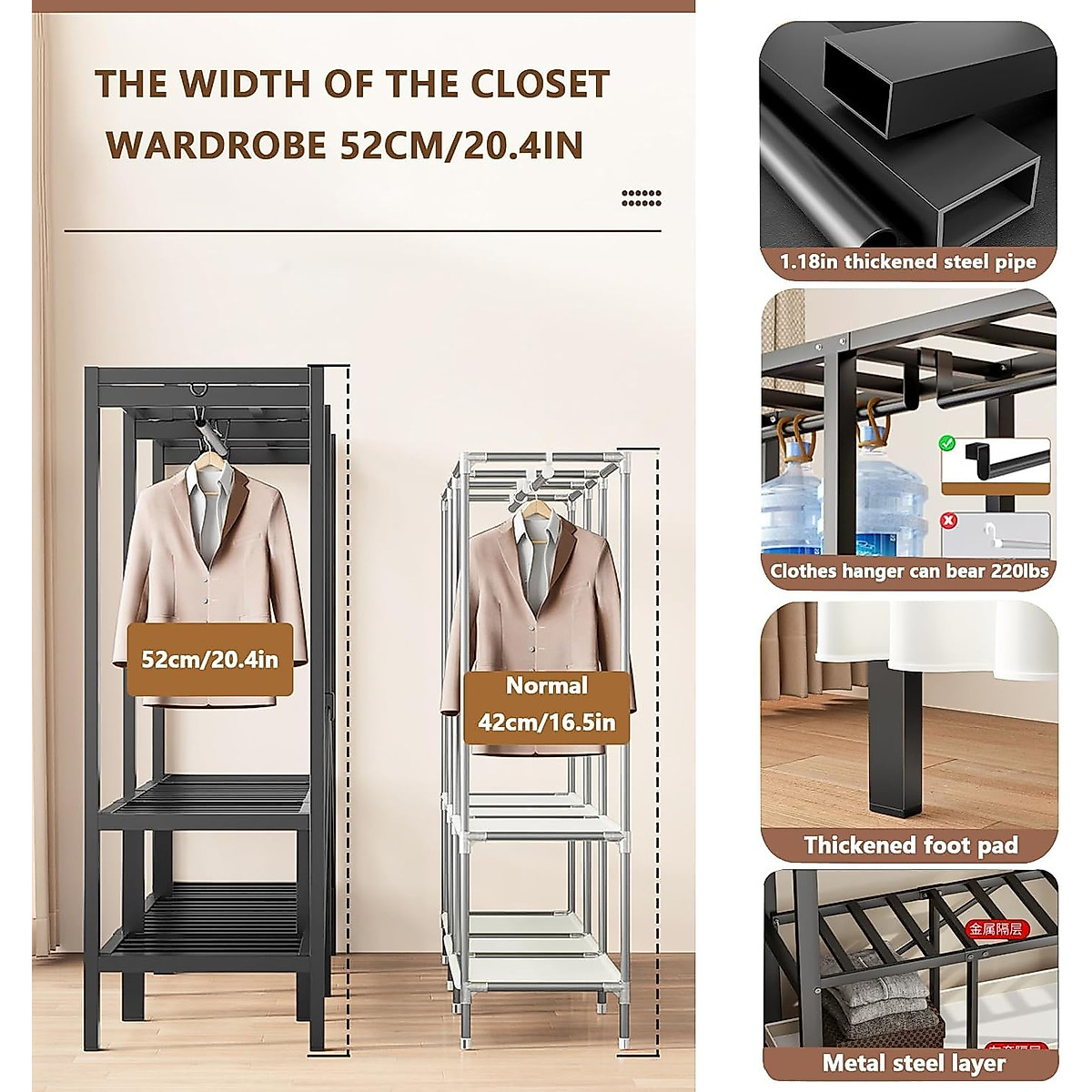 Heavy Duty Clothes Rack with Cover, 1200lbs, Foldable Portable Closets for Hanging Clothes,Clothing Rack Wardrobe Covered Garment Racks Freestanding Coat Storage Organizer System (243cm/95.6in)