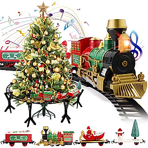 Deekin Christmas Train Set Under the Christmas Tree, Electric Xmas Train Toy for Kids Gift, Christmas Train Elevated with Locomotive Santa Claus Snowman Christmas Tree for Holiday Christmas Decoration