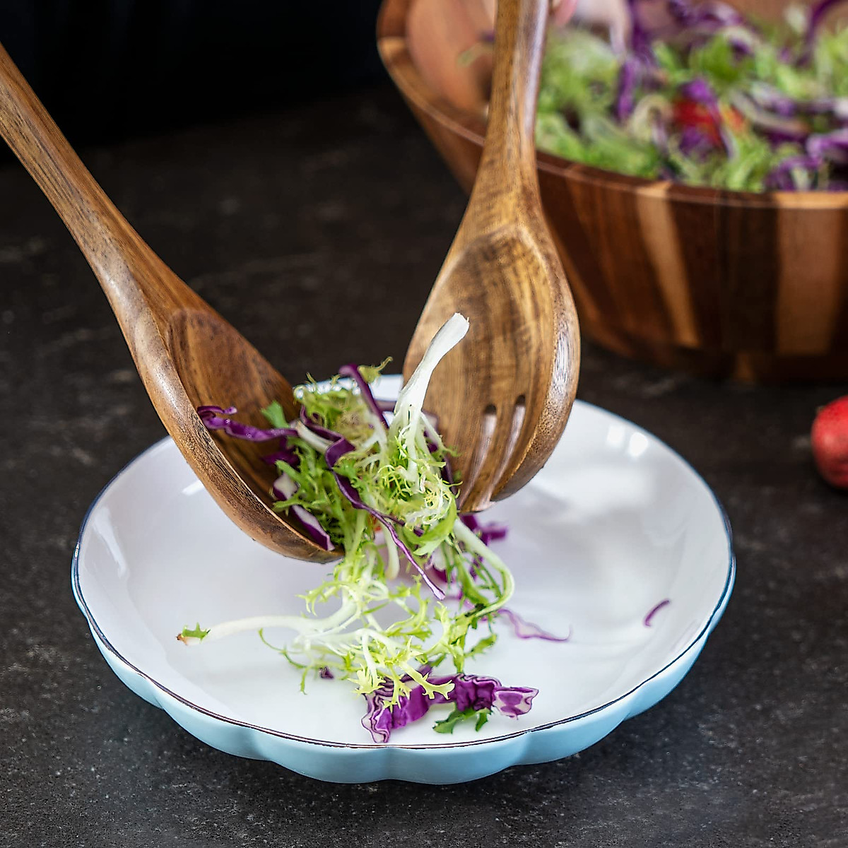 JF JAMES.F Wooden Salad Bowl, 12'' Acacia Wood Large Salad Bowl Set Big Salad Serving Bowl with Serving Utensils