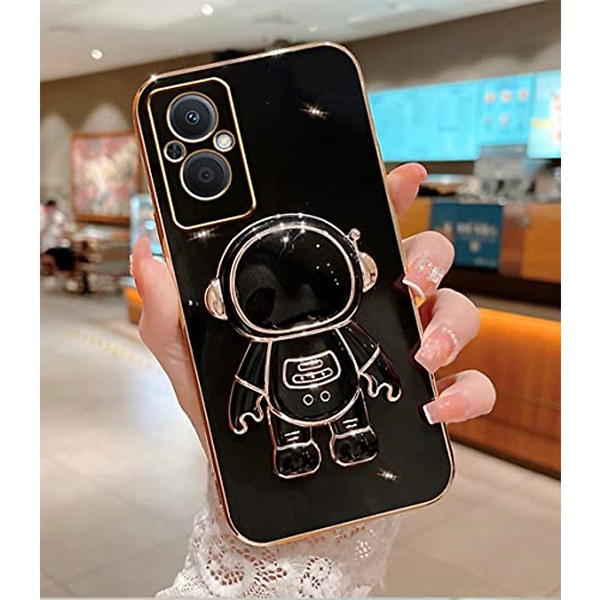 for Oneplus Nord N20 5G Case 6D Plating Astronaut Hidden Stand with Camera Cover,Luxury Glitter Soft TPU Bumper Cute Cartoon Folding Bracket Kickstand Phone Case for Oneplus N20 for Girls Women Black