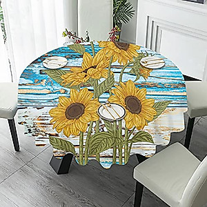 QiCHo Sunflower Tablecloth 60 Inch Floral Round Table Cloth Vintage Wood Grain Pattern Design Farmhouse Table Cover for Dining Kitchen Party Decor