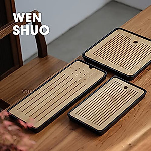 Ceramic Tea Tray, Double-Layer Bamboo Tray, for Tea Table (Rectangle, Black)