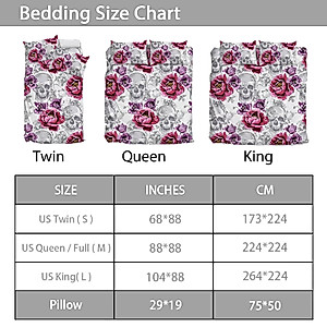 Gearider White Skull Bedding Sets for Teen Women, Death Skull Pattern Duvet Cover Set, Skeleton Theme Peony Floral Bedding Set Queen Size