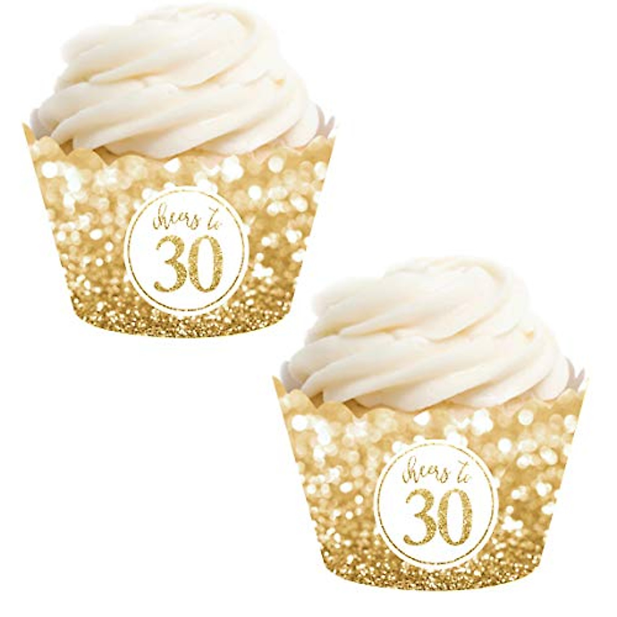 Andaz Press Glitzy Faux Gold Glitter Cupcake Wrapper Decorations, Cheers to 30 Years, 30th Birthday or Anniversary, 24-Pack, Not Real Glitter