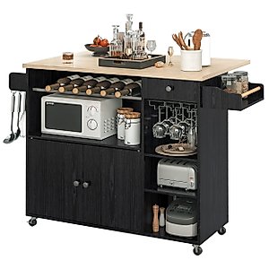 IRONCK Rolling Kitchen Island Cart with Drop-Leaf and Wine Rack, Microwave Rack Serving Cart on Wheels with Drawer & Shelves & Spice Rack & Cup Hanging, Black