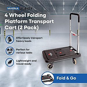 Magna Cart FF 4 Rubber 360-Degree Rotating Wheel Easy Folding Platform Transport Cart with 300 Pound Capacity and Telescoping 36-Inch Handle, (2 Pack)
