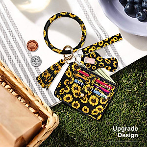 Sunflower Wallet Wristlet Circle Key Ring Bangle Card Pocket Zippered Sunflower Purse Sunflower Keychain Chapstick Holder for Car (Sunflower)