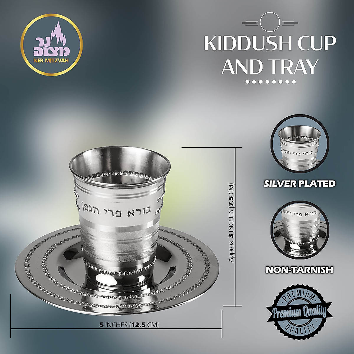 Ner Mitzvah Kiddush Cup and Tray - Premium Quality Stainless Steel Wine Cup - For Shabbat and Havdalah - Judaica Shabbos and Holiday Gift