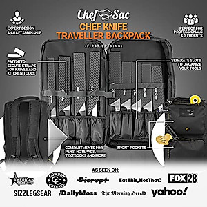 Chef Knife Bag | Traveller Chef Backpack | Water-Resistant Material | 21+ Pockets for Knives & Kitchen Utensils | Dedicated Pocket for Laptop & Notebook | Culinary Gifts for Chefs & Students (Black)