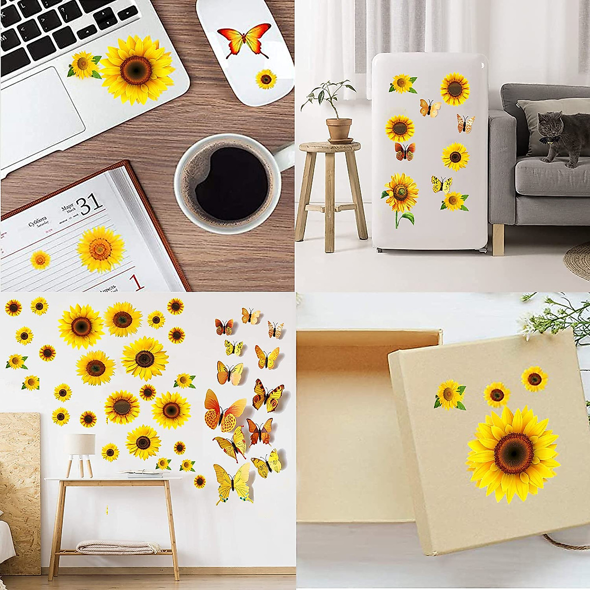 ETDTech Sunflower Wall Stickers Decals with 3D Butterfly, Yellow Flower for Kitchen Bedroom Nursery Children Room Living Room Waterproof Removable, 11.6inchx9.8inchx0.5inch