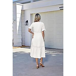 GRACE KARIN Women's V Neck Short Bell Sleeve Smocked Tiered Dress Elastic Waist Lace Patchwork Ruffle Dress White XL