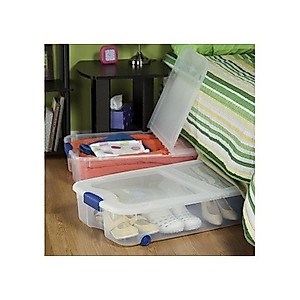 4-Pack Under Bed Plastic Storage Bin Unit Boxes Are Containers For Clothes, Books, Diapers, Shoes, Linen. Office Supplies, Camping, RV, Pantry Foods 66 Quart Capacity