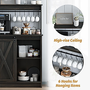 4ever2buy Farmhouse Coffee Bar Cabinet with Hutch, 50’’ Coffee Bar with Sliding Barn Door & 6 Hooks, Coffee Bar Hutch with Adjustable Shelves for Living Dining Room, Dark Oak