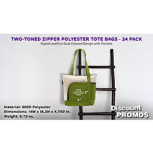 24 Zipper Polyester Tote Bags Set - Customizable Text, Logo - Two-tone, Zipper Closure, Pen Loop - Lime Green