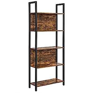 VASAGLE ALINRU Storage Shelf, Bookshelf with 5 Shelves, Steel Frame, for Living Room, Entryway, Office, Industrial Style, Rustic Brown and Black ULLS025B01, 24.4”L x 9.4”W x 65”H (62 x 24 x 165 cm)
