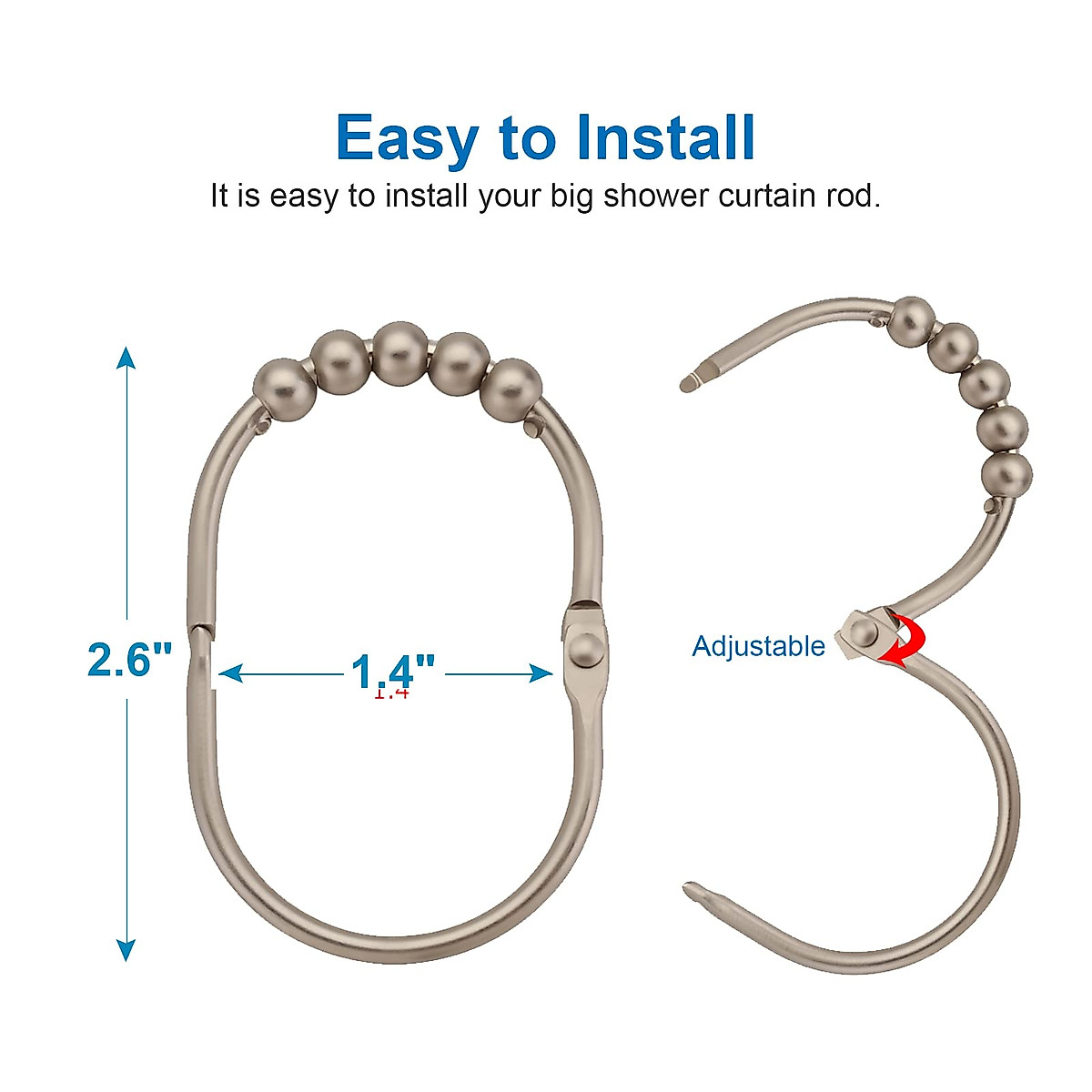 Amazer Shower Curtain Rings, Shower Curtain Hooks Rust-Resistant Shower Curtain Rings Hooks for Bathroom Shower Rod Curtains, Matte Nickel, Set of 12