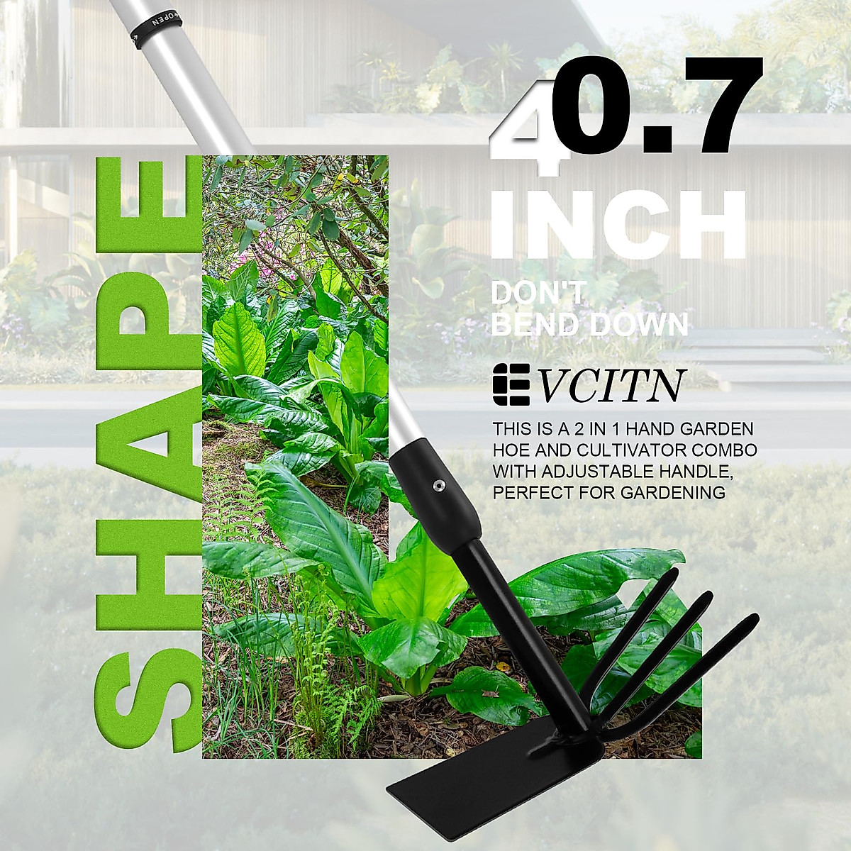 Evcitn Adjustable Hoe and Cultivator Hand Tiller with 40.7IN Long Handle, Aluminium and Rubber Garden Tool for Breaking Stone,Weeding Weeds,Digging Roots,Loosening Soil