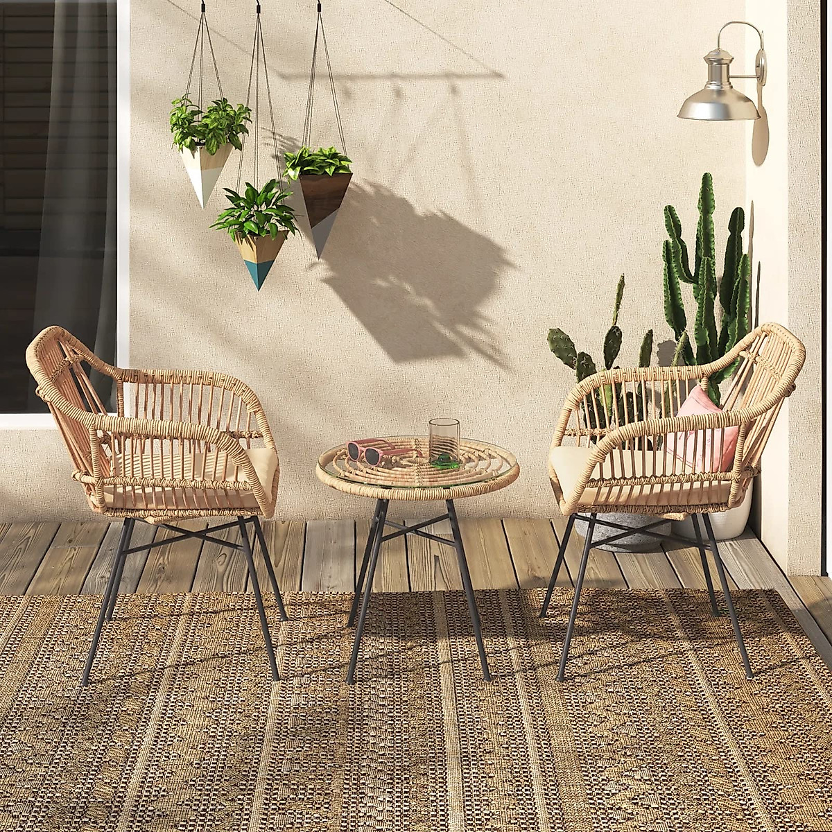 Barton 3pcs Outdoor Bistro Chat Set Patio Conversation Wicker Chairs Glass Table with Seat Cushions, Beige