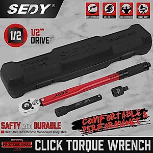 1/2-inch Drive Click Torque Wrench 1/2 Drive - Precision 10-150 ft.lb/13.6-203.5Nm Range, Ratcheting Head with Secure Locking Mechanism, Adapter & Extension