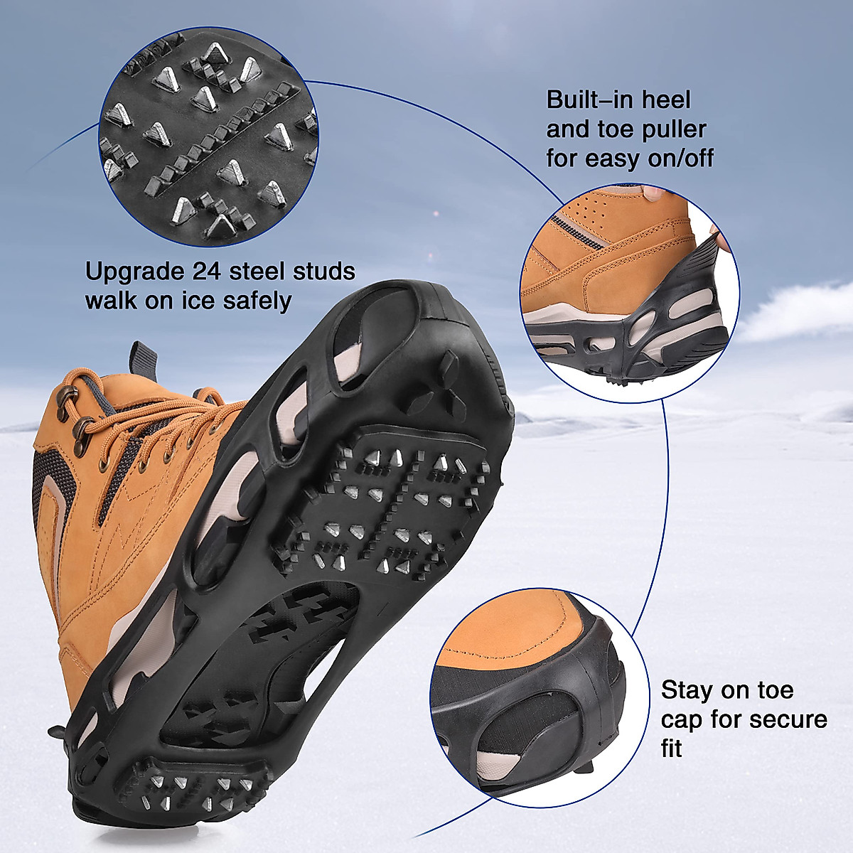 Ice Snow Traction Cleats Crampons for Boots Shoes Non-Slip Overshoe Walk Traction Cleat for Walking on Snow and Ice 24 Steel Ice Cleats for Men Women Kids Jogging Hiking (1 Pair, Size S)