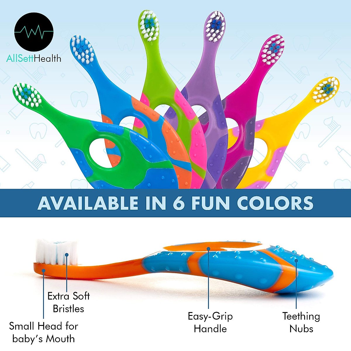 AllSett Health 6 Pack - Baby Toothbrush, 0-2 Years, Soft Bristles, BPA Free | Toddler Toothbrush, Infant Toothbrush, Training Toothbrush, Includes Free Toothbrush Holder