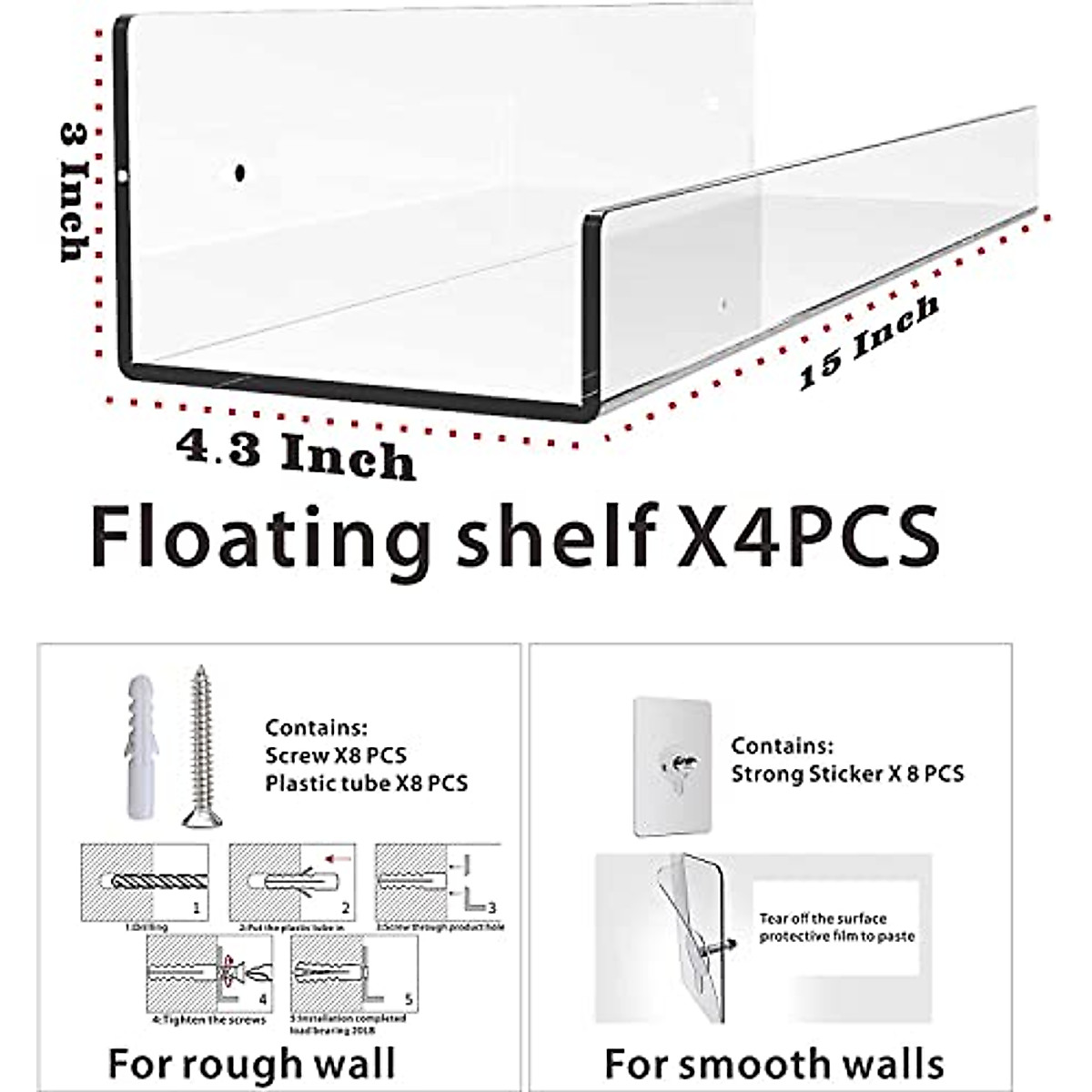 15 inch Clear Acrylic Floating Wall Ledge Shelf Display,4pcs Wall Mounted Nursery Kids Bookshelf Invisible Spice Rack, Bathroom Storage Shelves Display for Bedroom Office Toy Picture Ledge, 5MM Thick