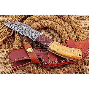 HUNTEX Handmade Exposed Hand-Forged Ladder Pattern Damascus Steel 10 Inch Long Full Tang Oak Wood Handle Razor Sharp Hunting Camping Tracker Knife w/Genuine Leather Pouch