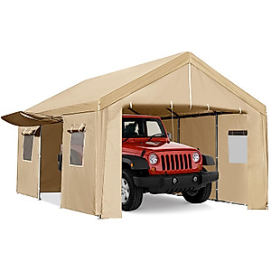 ACONEE Carport 10×20 FT Heavy Duty Car Canopy with Ventilated Windows, Removable Sidewalls & Zipper Doors, Portable Garage Boat Party Tent, Reinforced Triangular Beam, All-Season Tarp for SUV, Truck