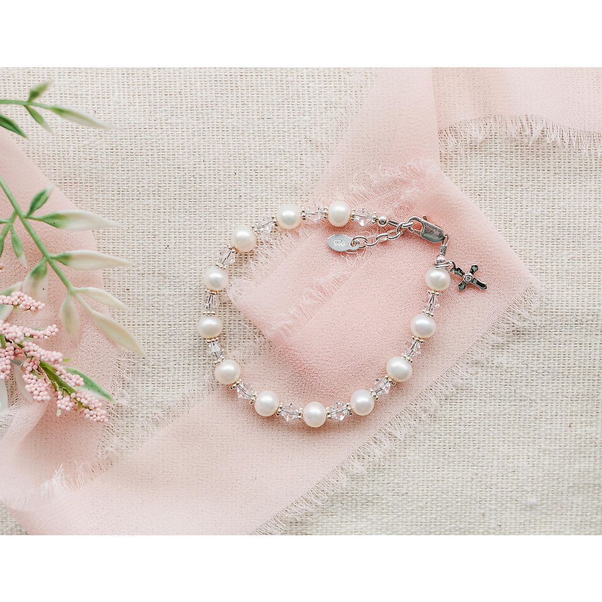 Precious Pieces First Communion Gift for Girls Sterling Silver Cross Bracelet with Cultured Pearl and Crystals for Girls (LG)