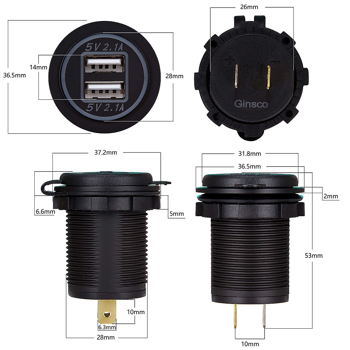 Ginsco Dual USB Charger Socket Power Outlet 2.1A & 2.1A（4.2A） for Car Boat Marine RV Mobile with Wire Fuse DIY Kit Blue LED