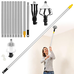 FALESOUL 12FT Light Bulb Changer for High Ceilings, Light Bulb Changer with Two Eight-Finger Cages and A Suction Cup, High Reach Light Bulb Changer for High Ceiling and Recessed Lamps