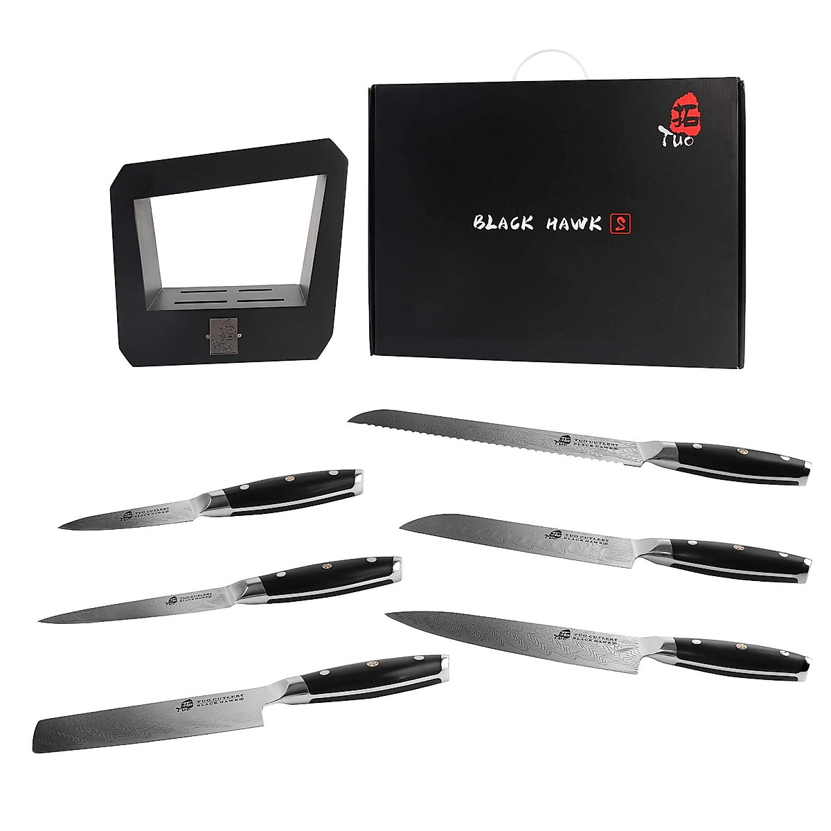 TUO Knife Set - Kitchen Knife Set with Wooden Block 7 pieces - G10 Full Tang Ergonomic Handle - BLACK HAWK S SERIES with Gift Box
