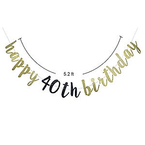 Happy 40th Birthday Banner for 40th Birthday Party Pre-Strung Decorations (Gold & Black Glitter)