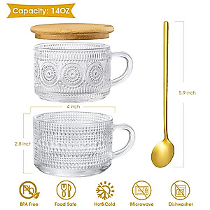 TIMIFTE Vintage Coffee Mugs Set of 4 Embossed Tea Cups, Overnight Oats Containers with Bamboo Lids and Spoons, 14oz Glass Coffee Cups for Cappuccino, Latte, Cereal, Yogurt, Beverage, Clear