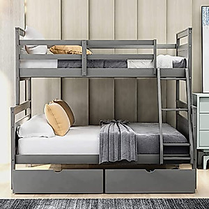 Twin Over Full Bunk Bed with Storage Drawers, Solid Wood Bunk Bed Frame for Kids, Teens, Adults (Gray)
